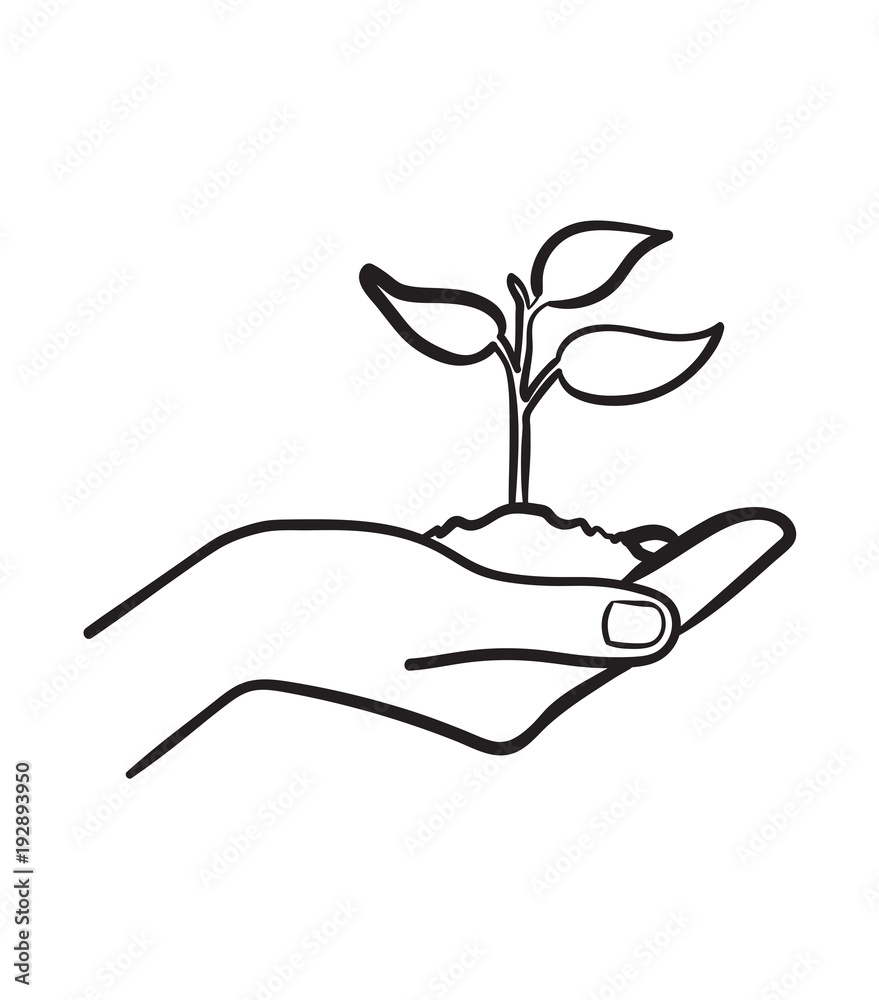 Human hand holding handful of soil with young sprout sketch icon for ...