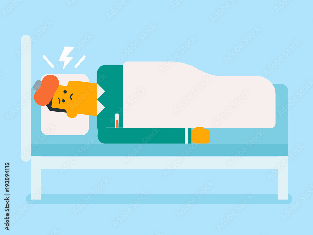 Sick caucasain white man with fever laying in bed and measuring ...