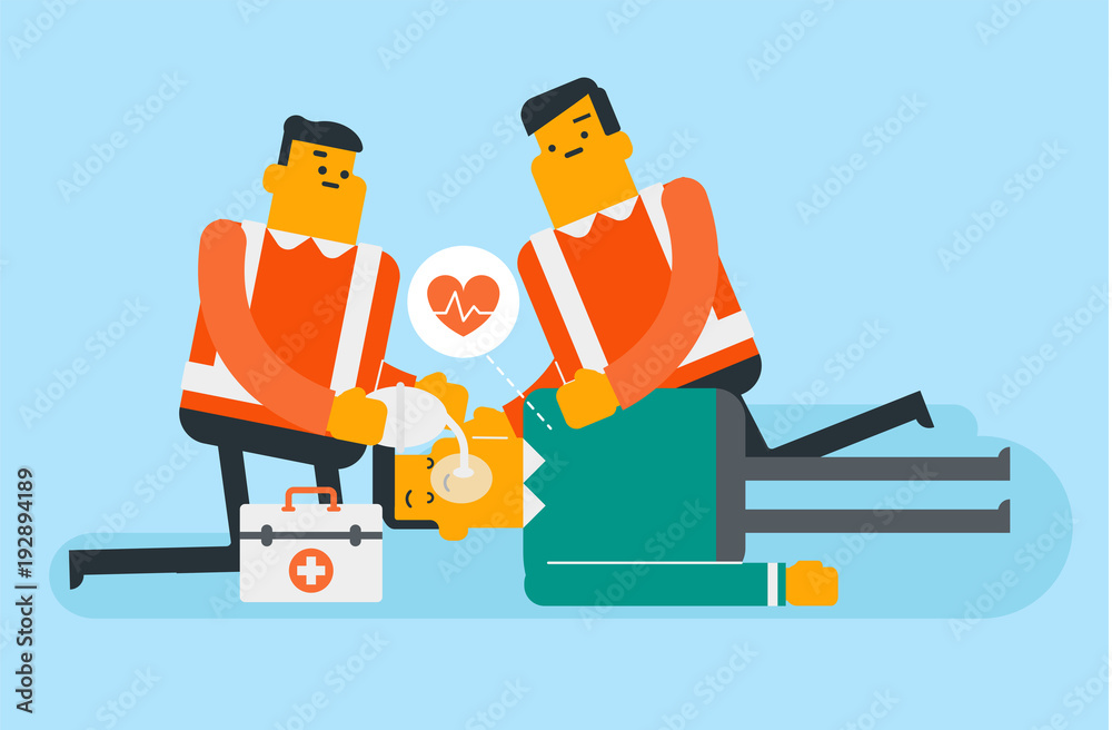 Caucasian white paramedics doing cardiopulmonary resuscitation of a man. Team of emergency ...