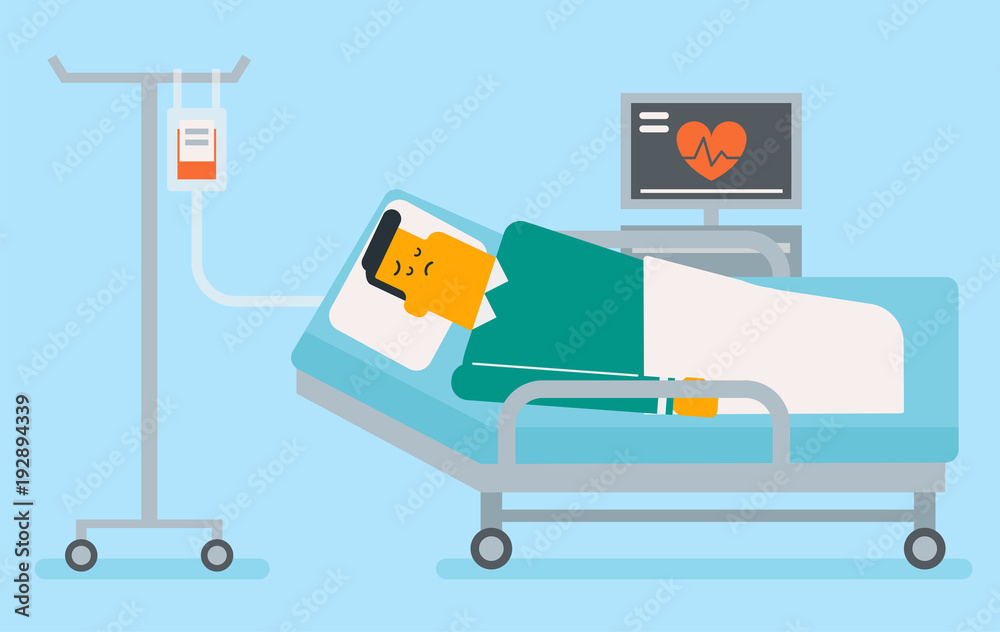 Caucasian white man in coma lying in bed with a heart rate monitor in ...