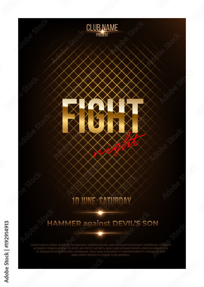 Fight night poster template. Vector golden words on dark background ...