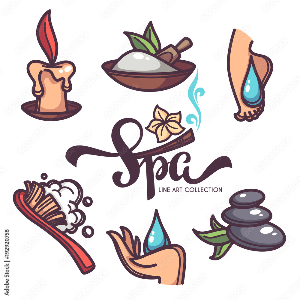 nail, foot, hand spa and care, vector objects and icons collection line ...