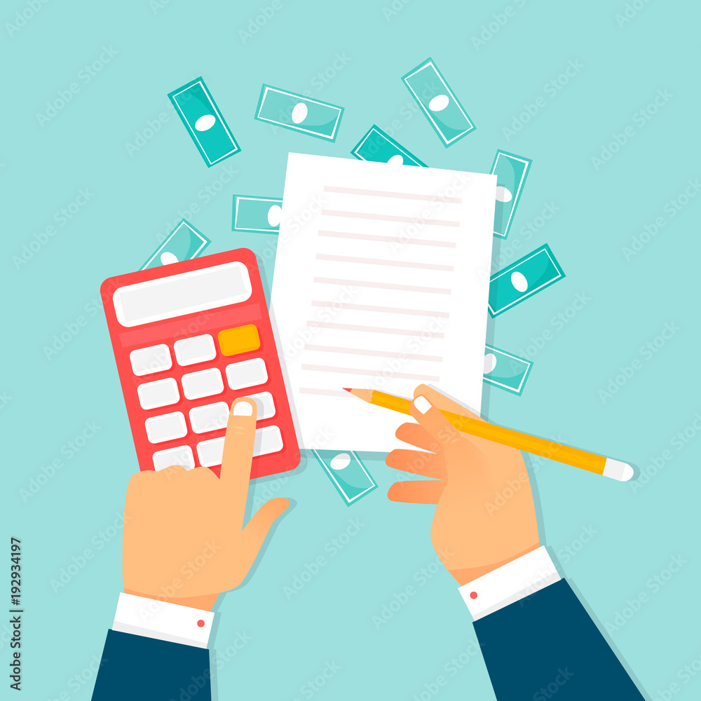 Economics, calculations, hands with a calculator and money. Flat design ...