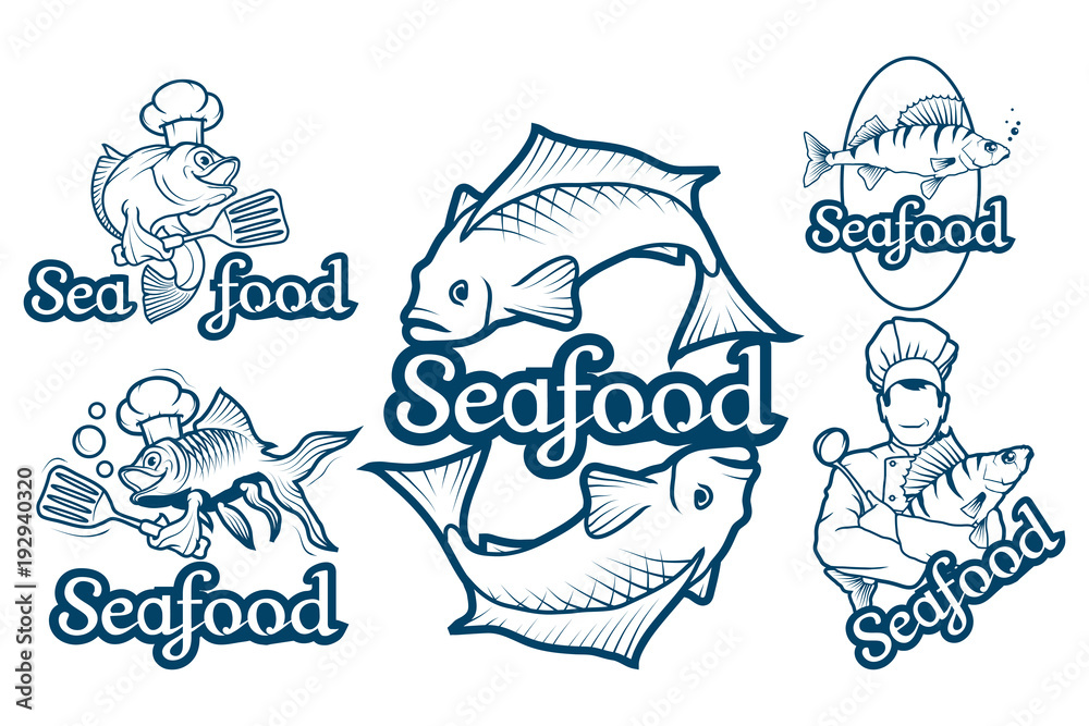 Set with Seafood. Isolated on white background. Seafood Company Vector ...