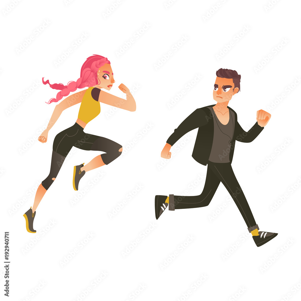 Vector cartoon ranaway people set. Sportive girl with pink hair and ...