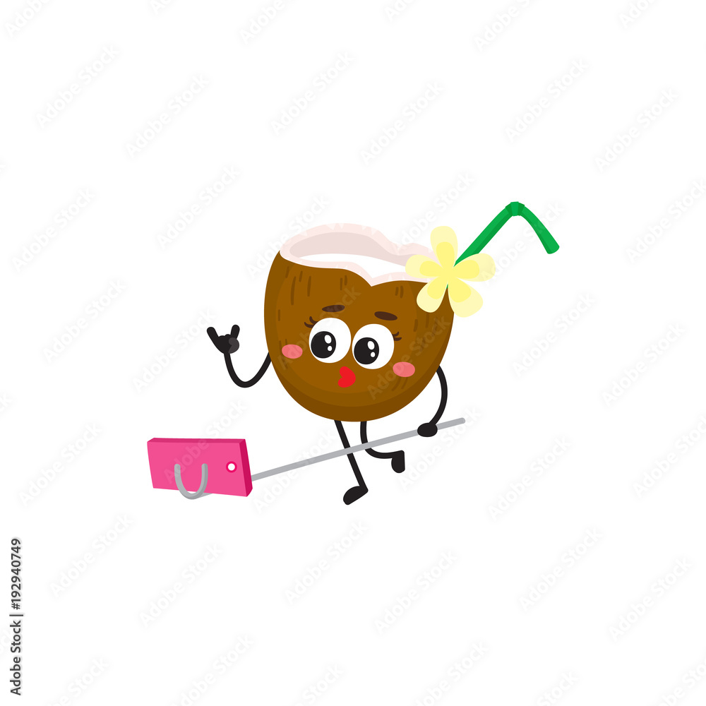 Funny coconut character with human face making selfie with monopod and ...