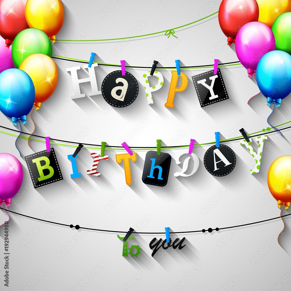 Birthday card with Clothespin and colorful letters hang on rope Stock ...