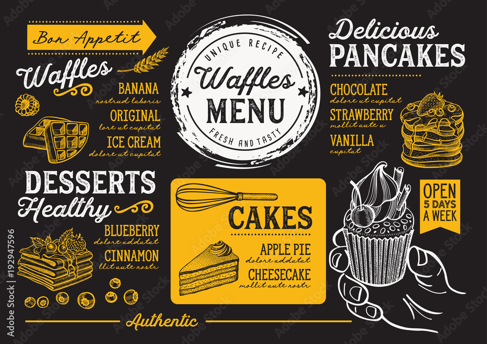 Waffles and crepes restaurant menu. Vector pancake food flyer for bar ...