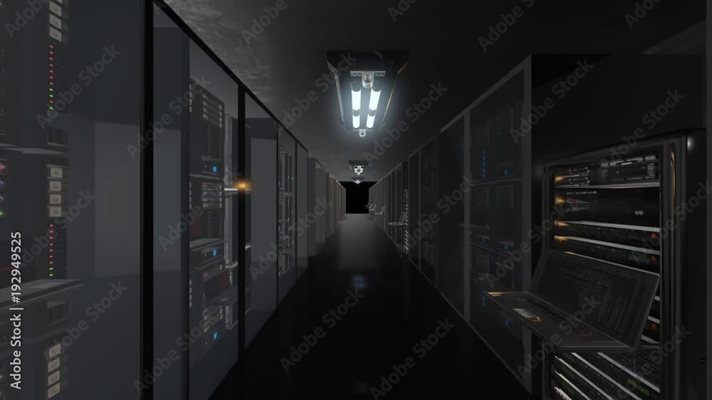 Animation presenting data servers while working. LED lights are ...