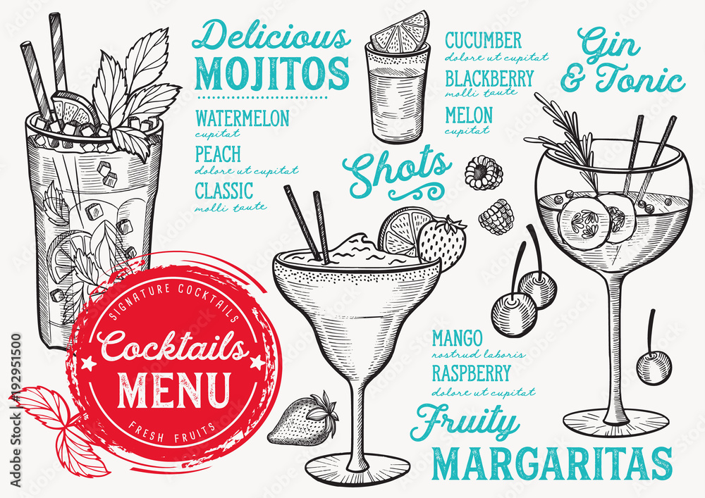 Cocktail bar menu. Vector drinks flyer for restaurant and cafe. Design ...