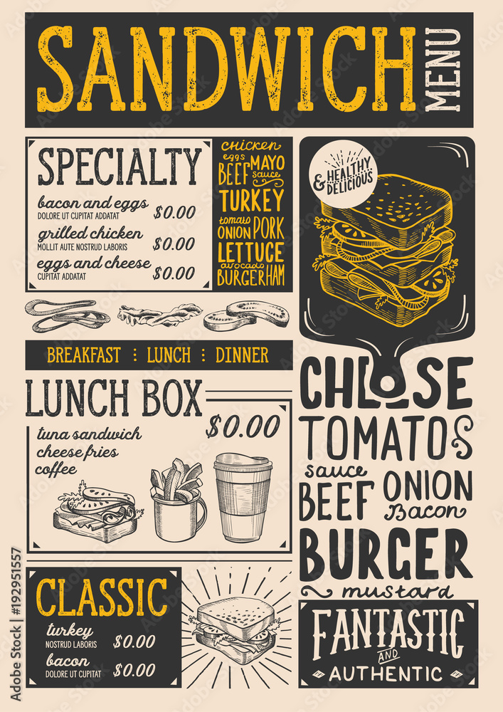 Sandwich restaurant menu. Vector food flyer for bar and cafe. Design ...