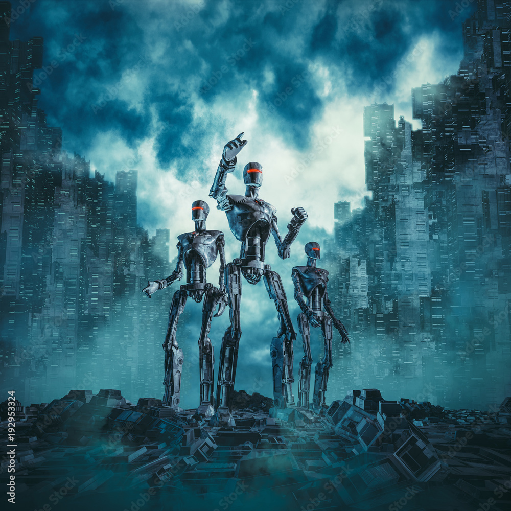 Robots on patrol / 3D illustration of science fiction scene with three ...