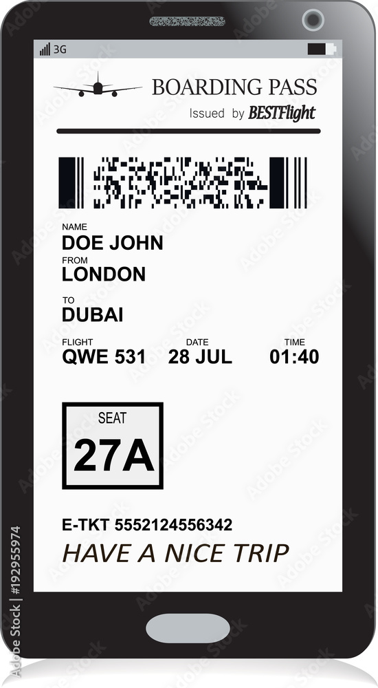 Mobile phone or smartphone with modern electronic boarding pass ticket for travel by plane ...