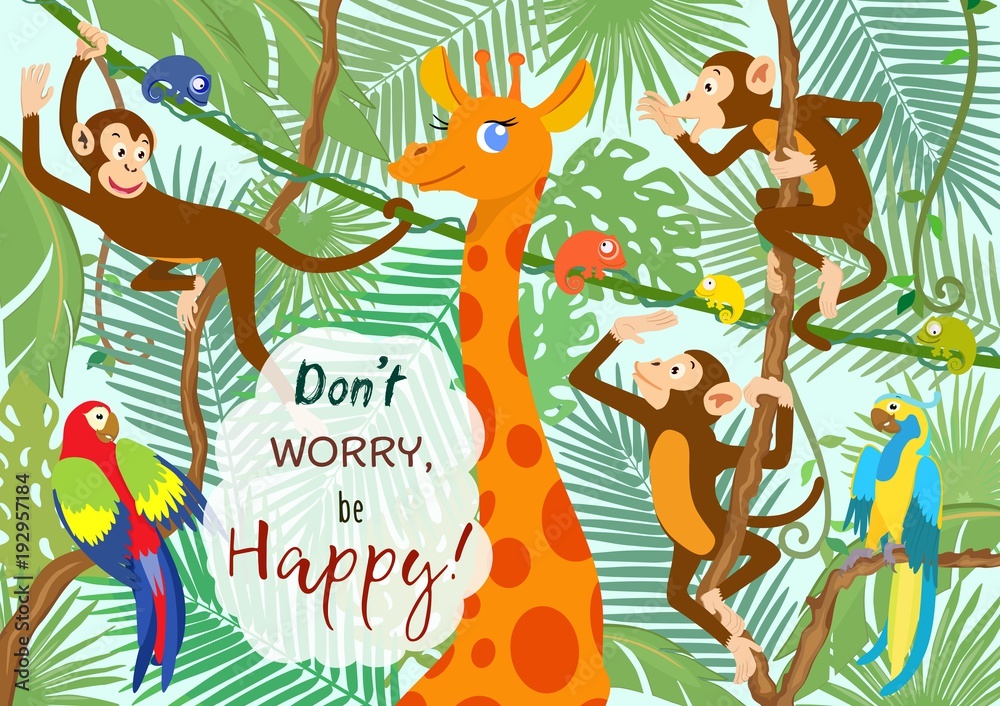 Cartoon set of animals on tropical leaves background. Vector ...