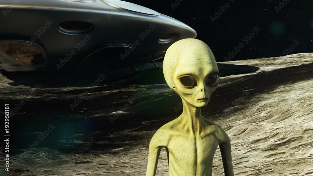 An alien on the moon next to his spaceship watching the Earth. A ...