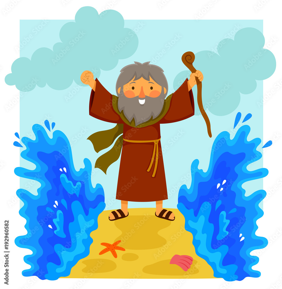 Cartoon illustration of happy Moses parting the red sea in the biblical ...