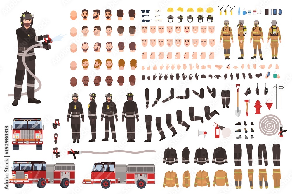 Firefighter creation set or constructor. Collection of fireman body ...