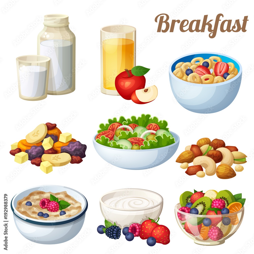 Breakfast 2. Set of cartoon vector food icons isolated on white ...