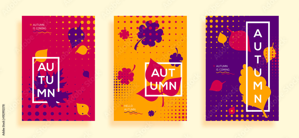 Collection of autumn retro poster template. Flat bright fall leaves ...