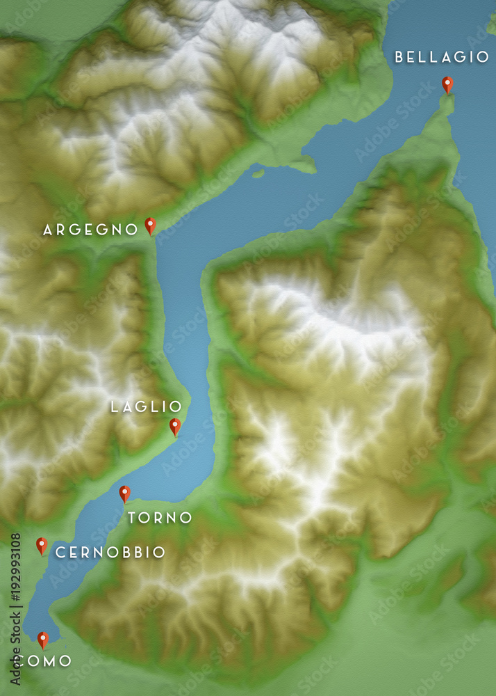 Como, mappa del lago di Como, cartina disegnata con rilievi e montagne ...