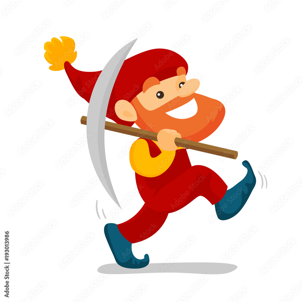 Cute senior dwarf in a red overall and hat walking with a pickaxe ...
