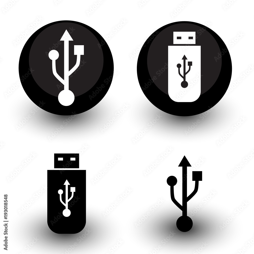 black and white usb sign and flash drive icon set in circle flat with ...