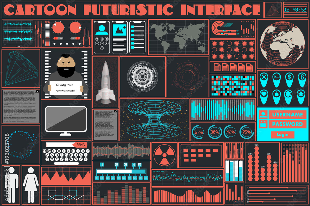 Flat interface in the style of a cartoon HUD. infographic, data ...