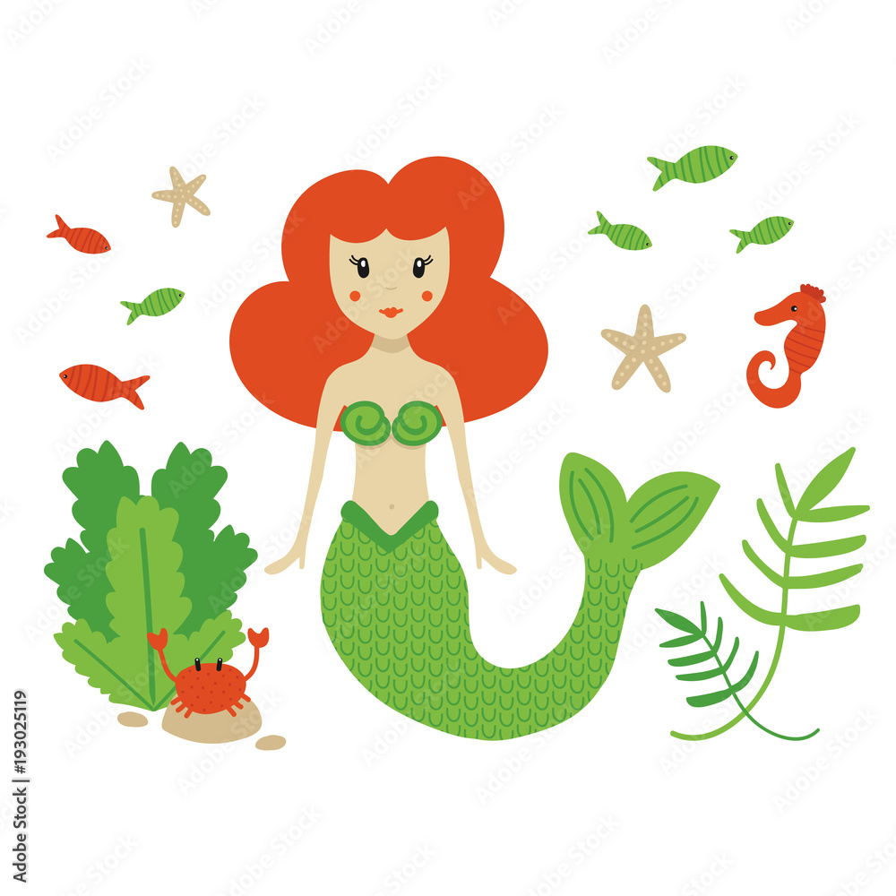 Cute cartoon sea life set, collection with mermaid, seahorse, sea stars ...