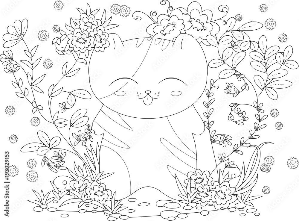coloring book page for adult and kids. happy kitten with flowers and ...