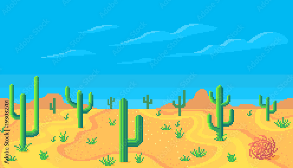 Pixel art desert at day. Stock Vector | Adobe Stock