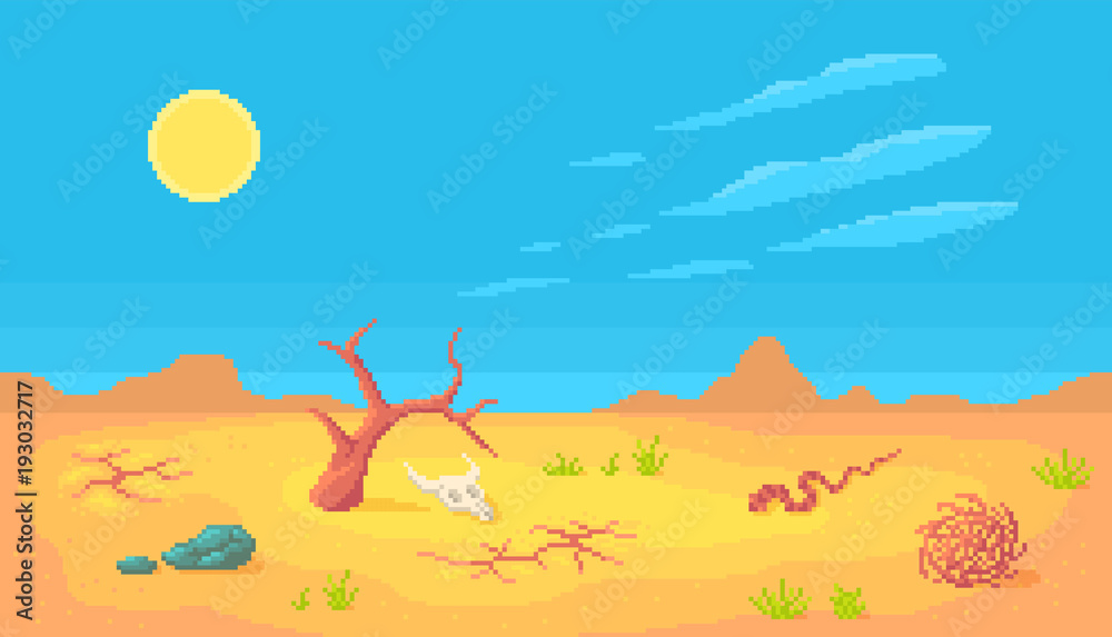 Pixel art desert scene. Stock Vector | Adobe Stock