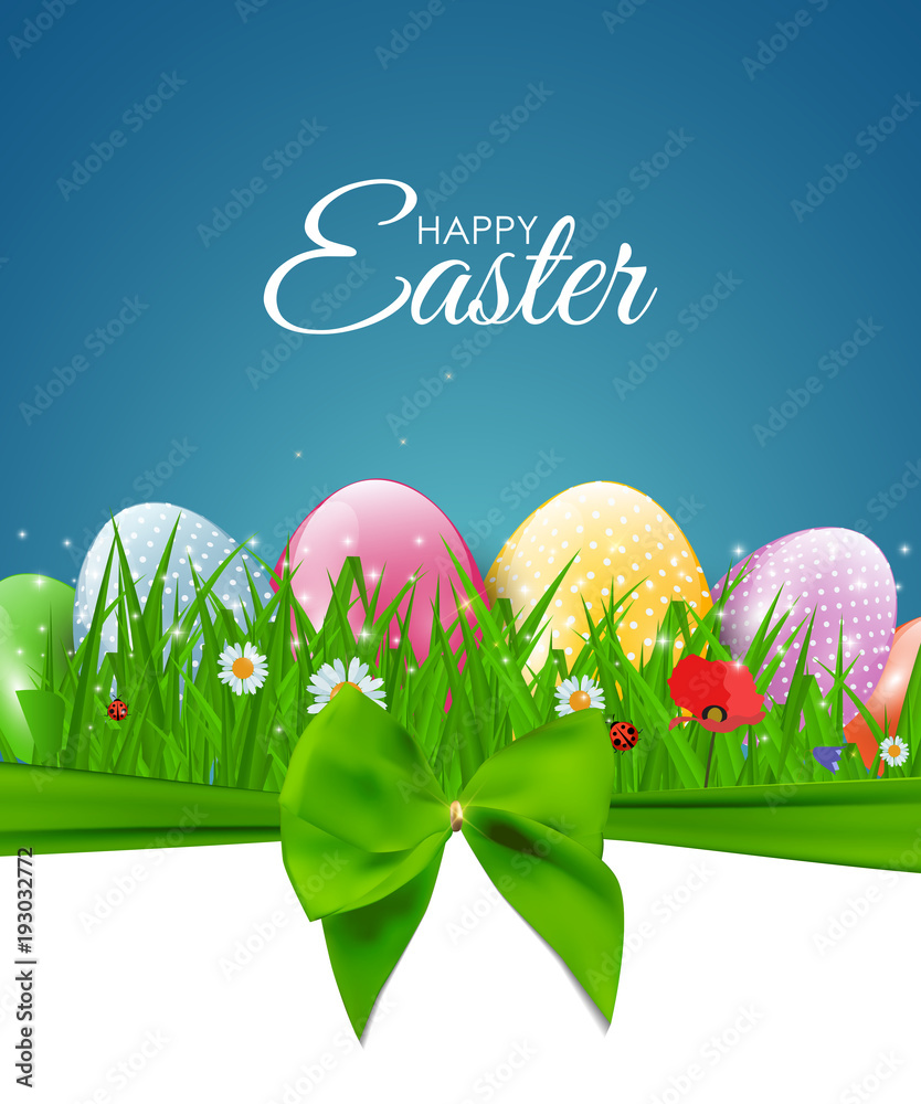 Happy Easter Natural Background with Eggs, grass, flower. Vector ...