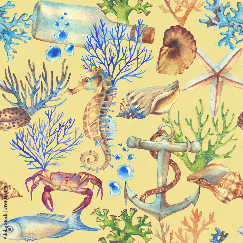 Hand-drawn watercolor sea pattern with underwater object. Underwater ...