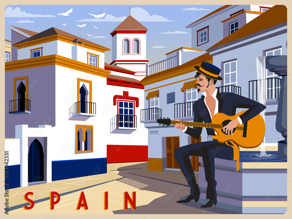 Summer day in small town, Andalusia, Spain. Handmade drawing vector ...