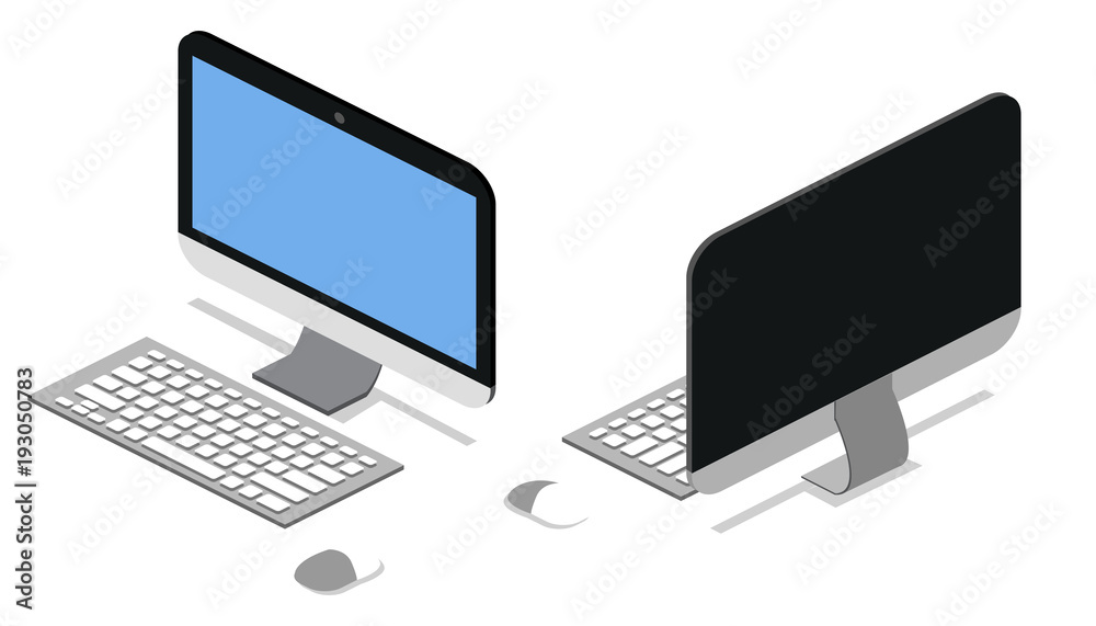 Isometric 3D vector illustration concept computer front view and back ...