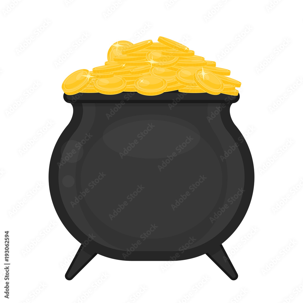 St Patrick's Day black cauldron with gold coins isolated on white ...