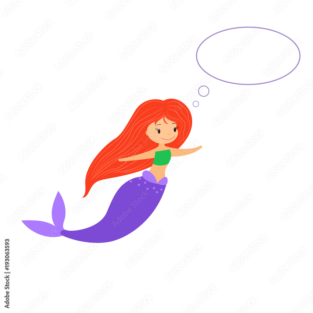 Cute little mermaid with speech bubble on white background. Cartoon ...