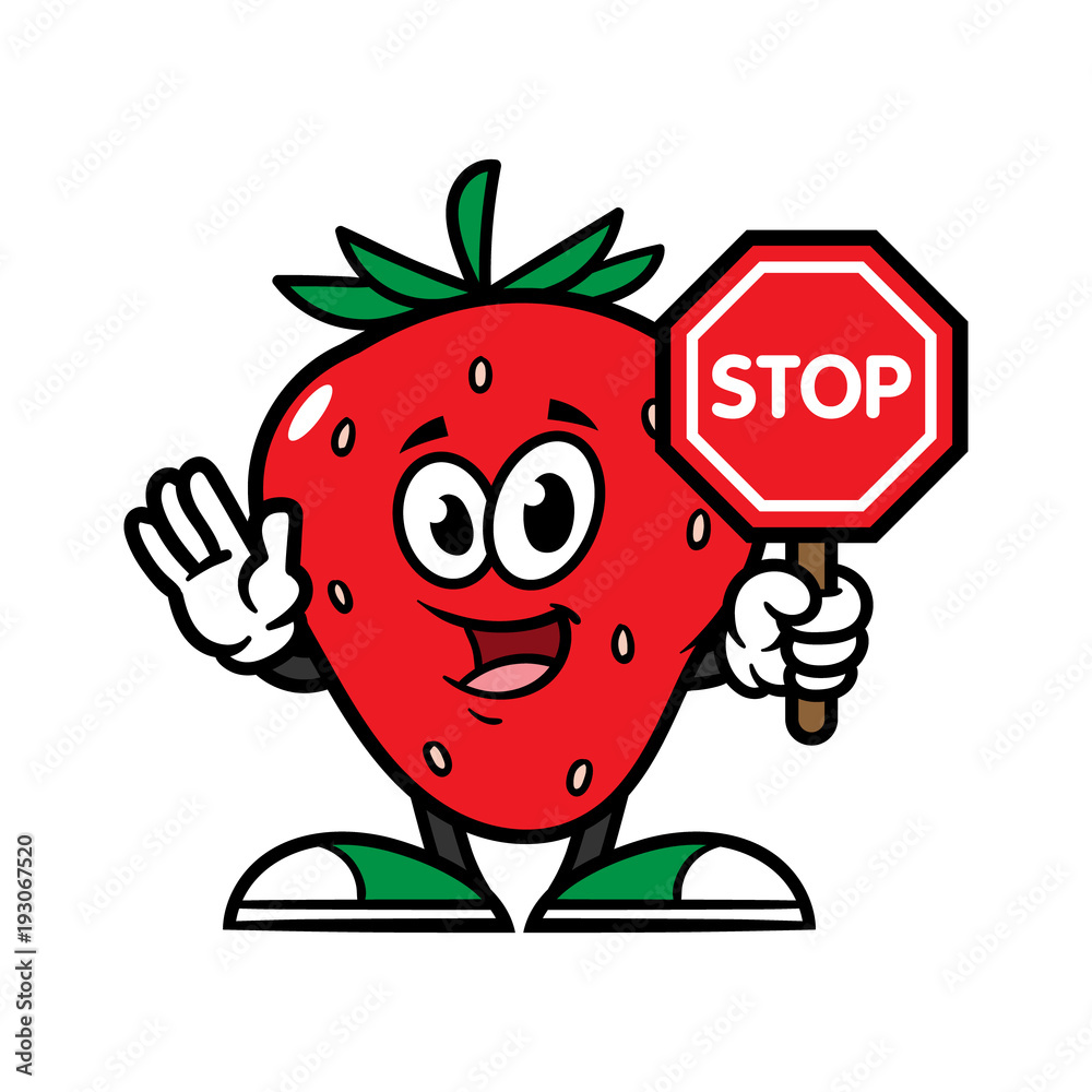 Cartoon Strawberry Character Holding Stop Sign Stock Vector | Adobe Stock