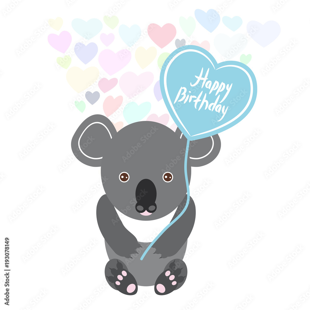 Happy birthday Card cute kawaii gray koala with balloon in the shape of ...