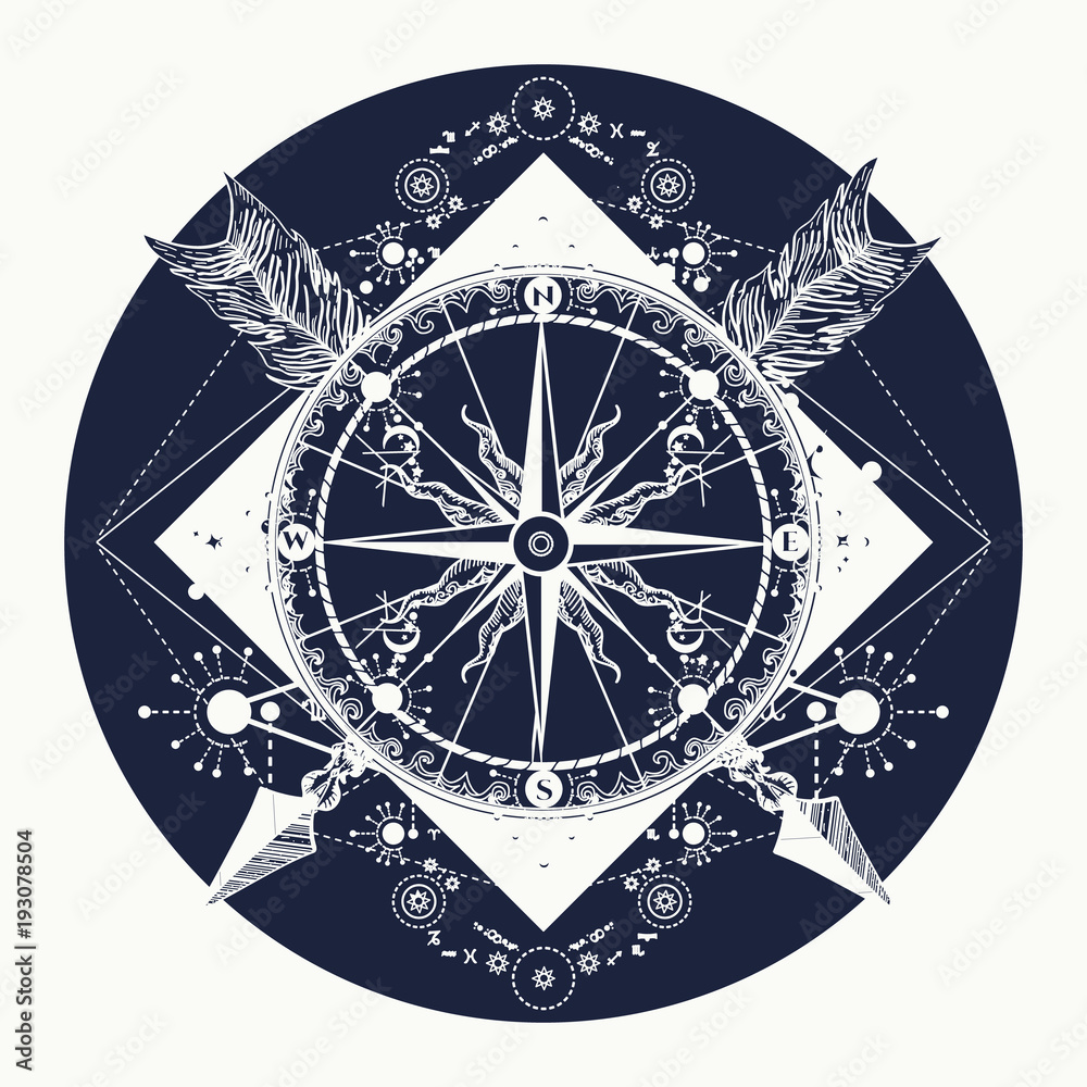 Rose compass t-shirt design. Tattoo for travelers, climbers, hikers ...