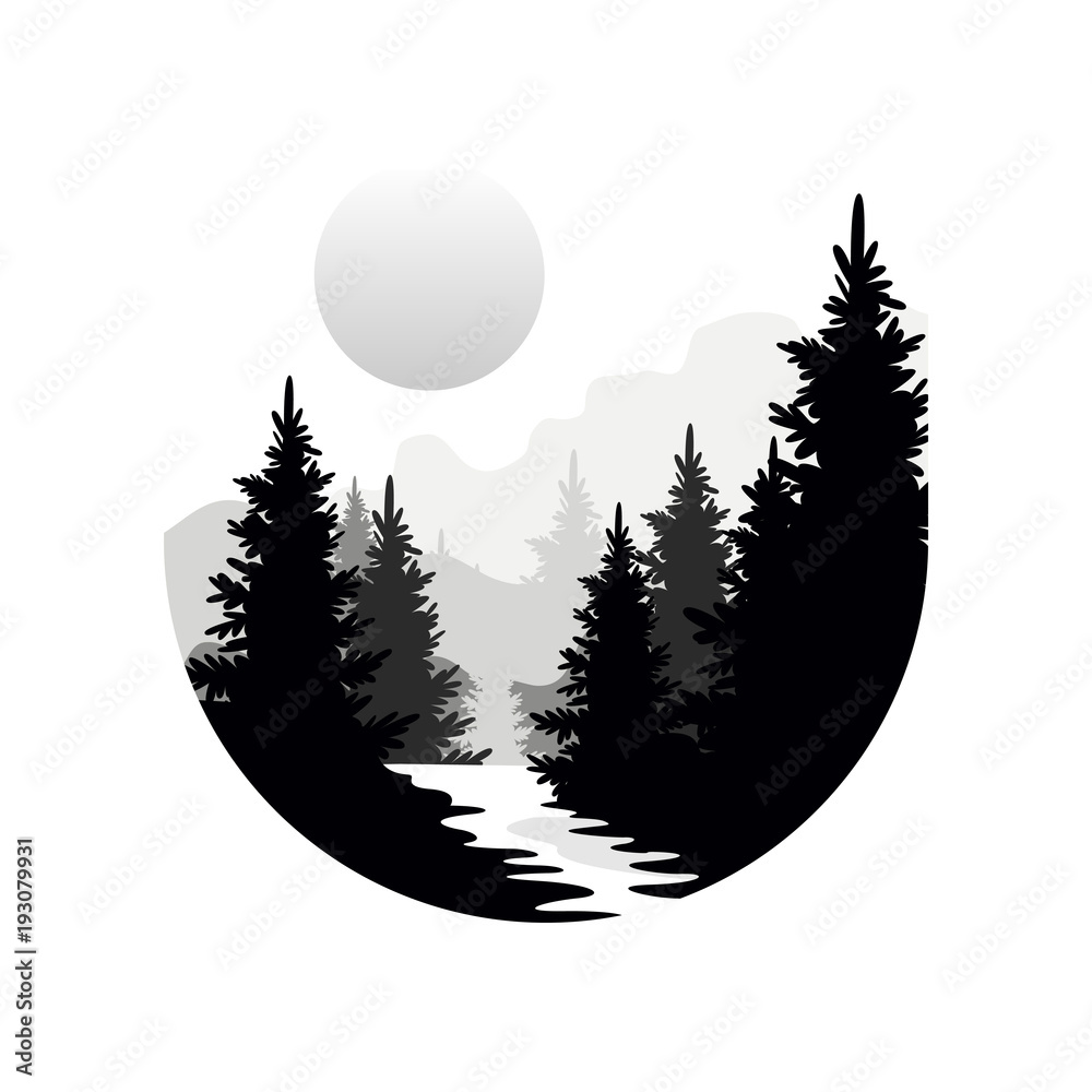 Beautiful nature landscape with silhouettes of forest coniferous trees ...