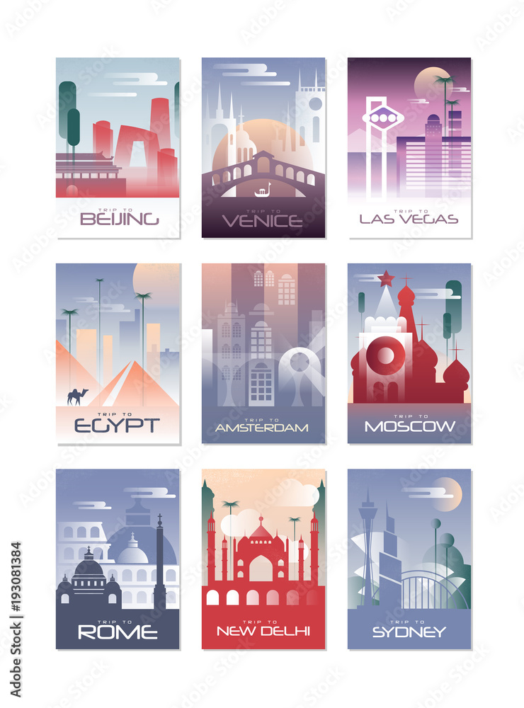 City cards set, landscape template of flyer, poster, book cover, banner ...