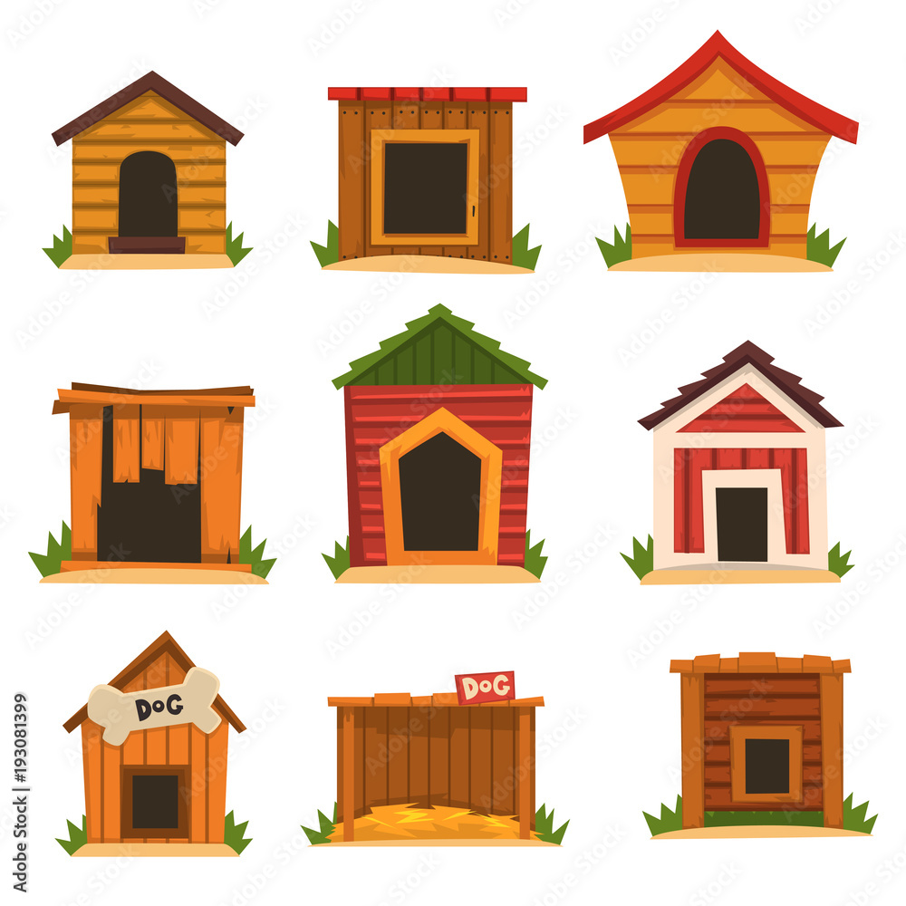 Wooden dog house set, dogs kennel cartoon vector Illustrations Stock ...
