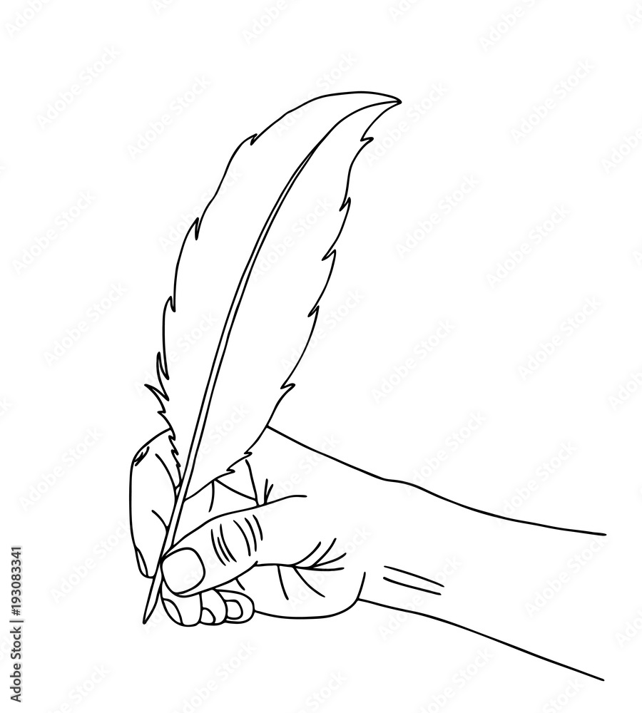 Hand writing and a pen. Black contour and white background. vector ...