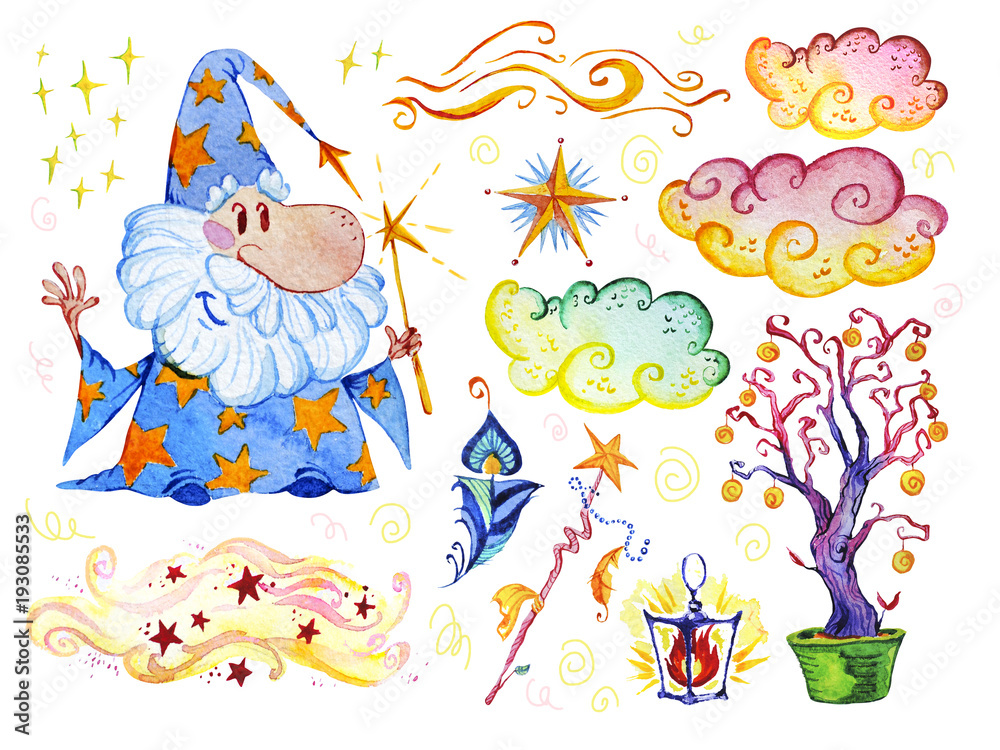 Watercolor magic illustration with hand drawn artistic elements ...
