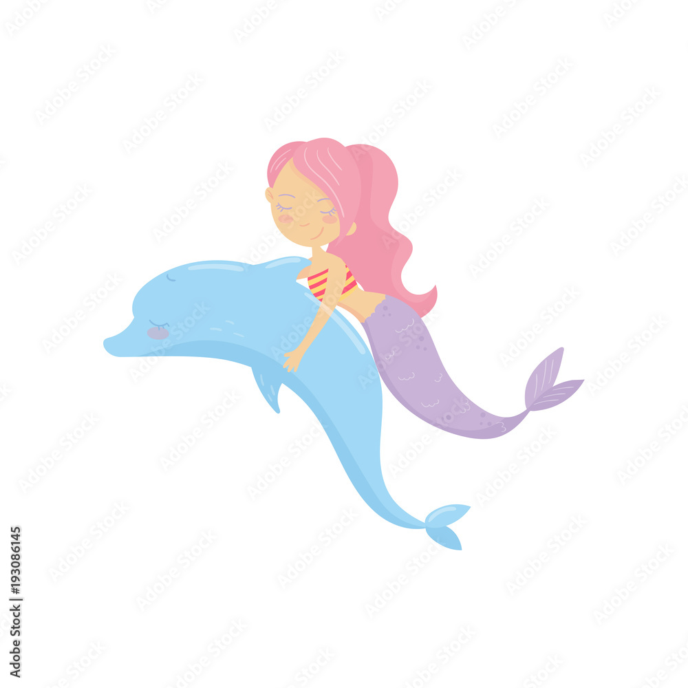 Cute girl with fish tail swimming with blue dolphin. Cartoon mermaid ...