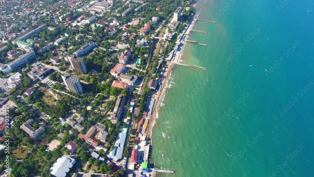 Aerial view: Sea, beach, sea, resort town of Feodosiya, Crimea vacation ...