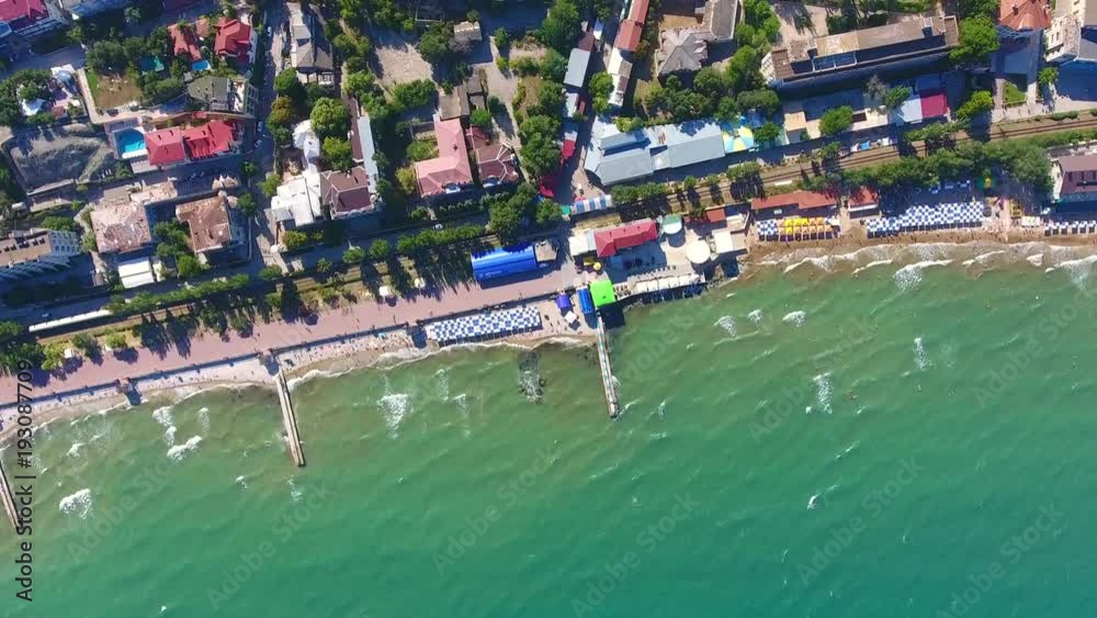 Aero top view: Sea, beach, laguna resort town of Feodosiya, Crimea ...
