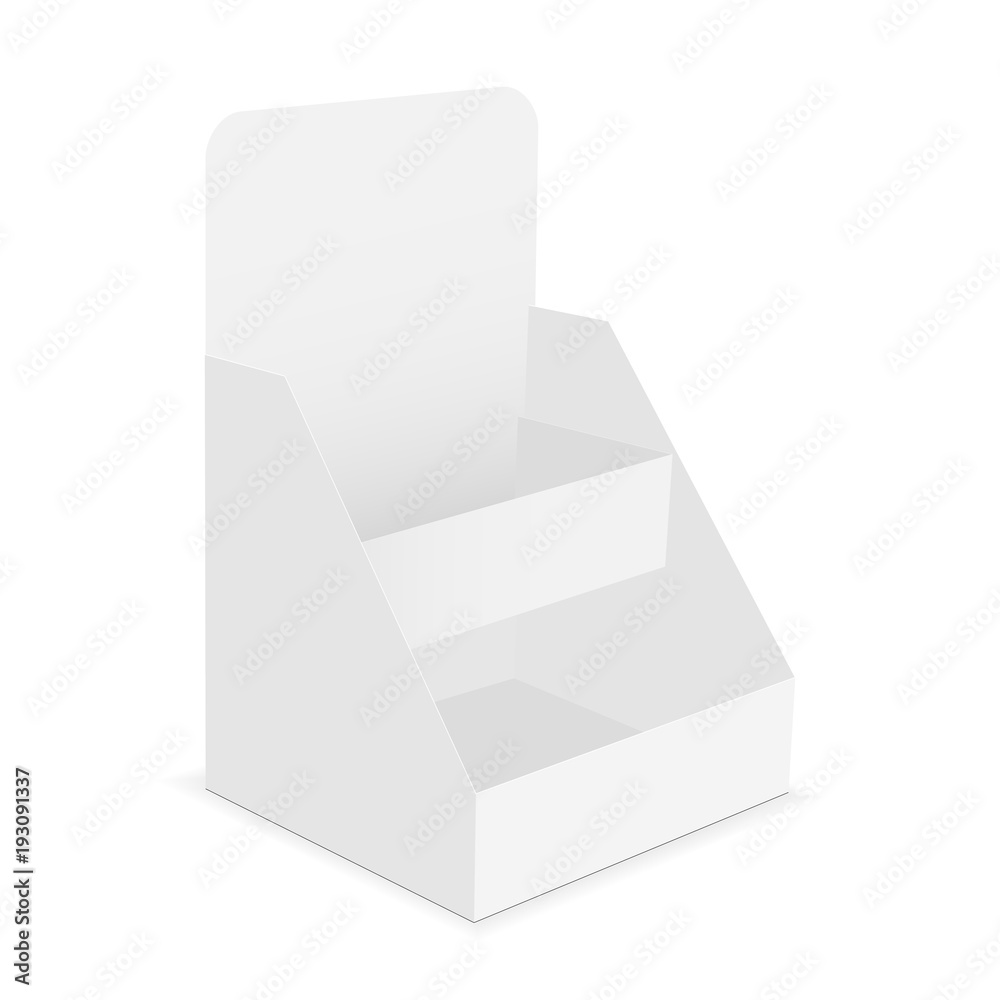 Cardboard POS display mockup with shelves - half side view. Vector ...