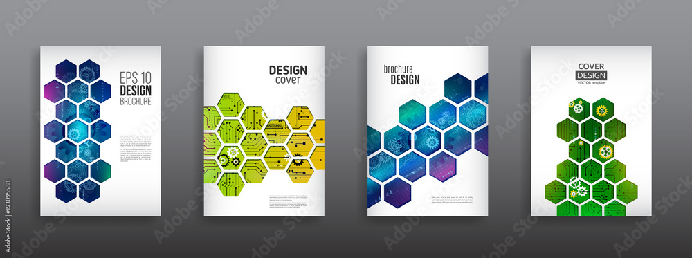 Abstract technology cover with hexagon elements. High tech brochure ...